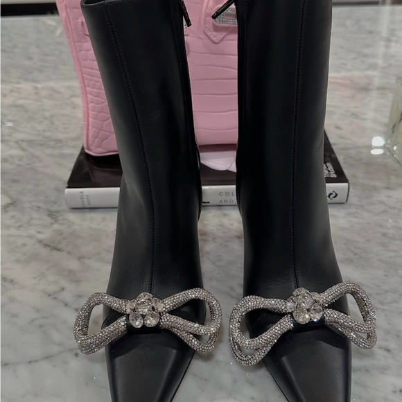 MACH & MACH | Shoes | Mach Mach Black Heeled Boots With Silver Bow ...
